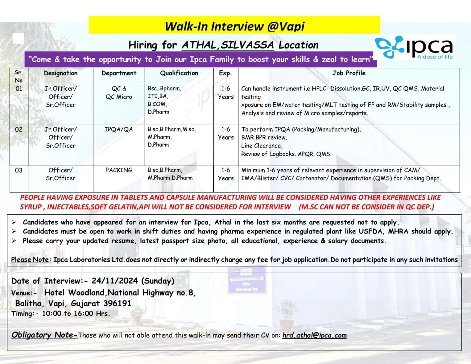 QC / QA / Packing Pharma Interview For Athal, Silvassa (Pharmaceutical ...