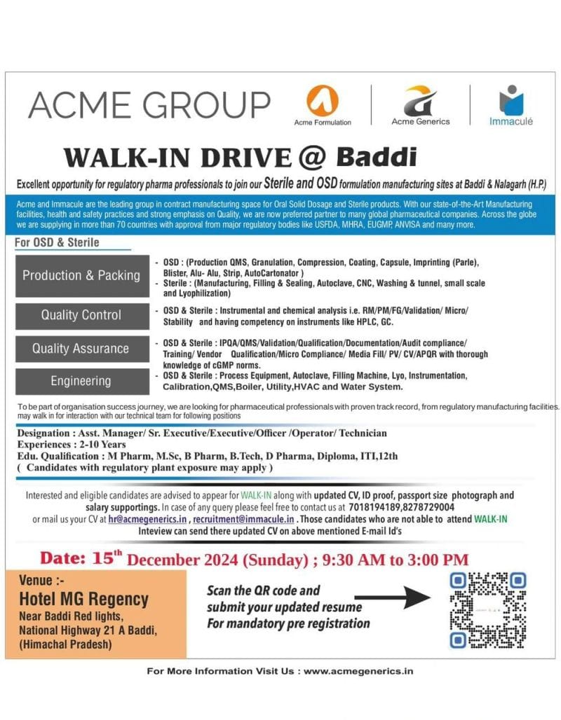 Acme & Immacule Pharma Interview At Baddi For Multiple Post - Pharma ...
