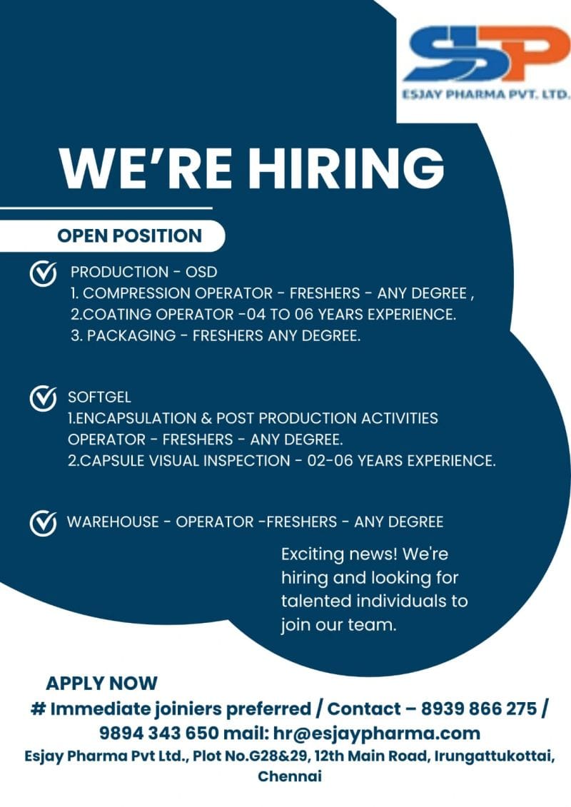 Esjay Pharma Jobs For OSD, Softgel And Warehouse - Pharma Interview