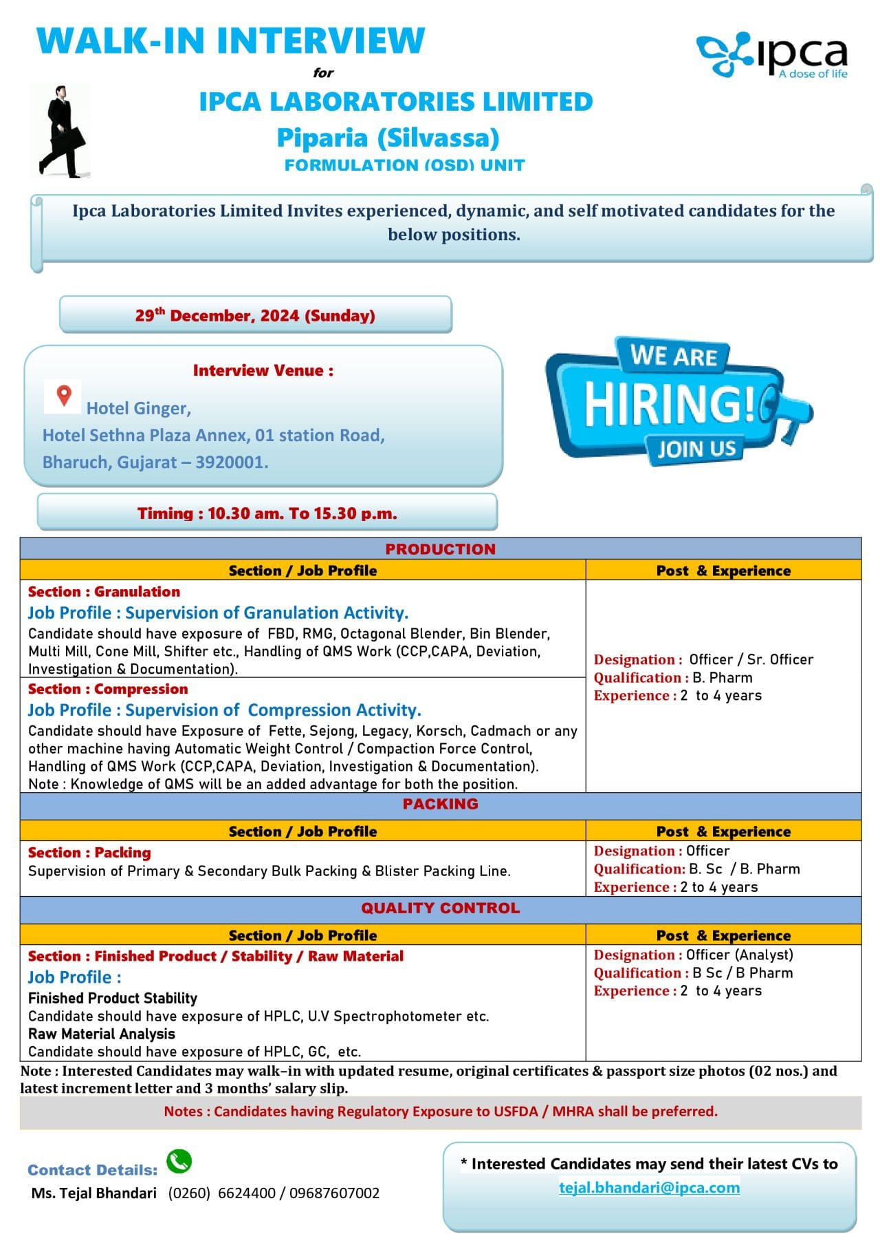 IPCA Piparia Walk-In At Bharuch For Production, Packing & QC - Pharma ...