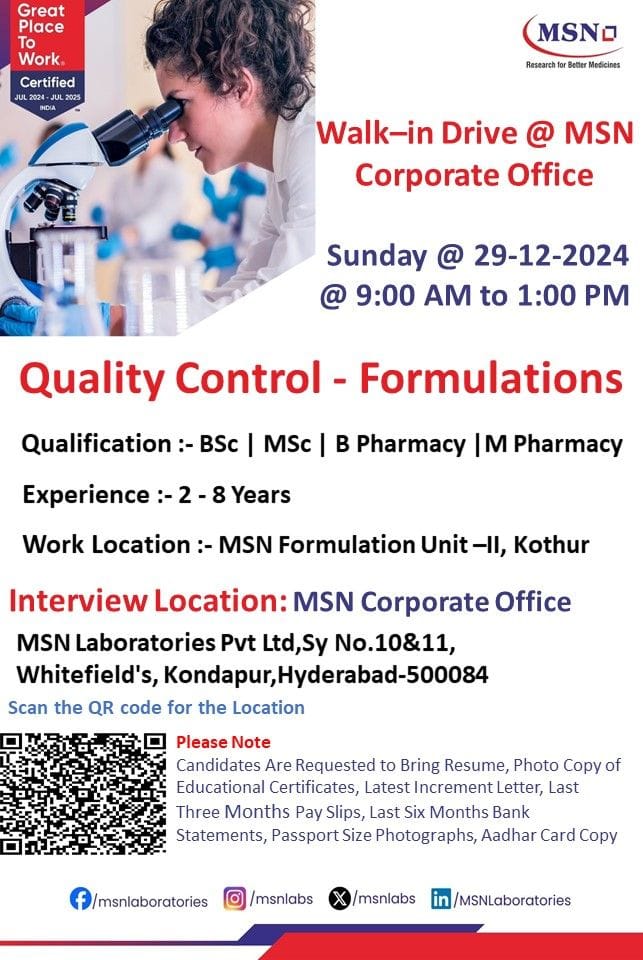 MSN Pharma Interview At Bollaram & Corporate Office - Pharma Interview