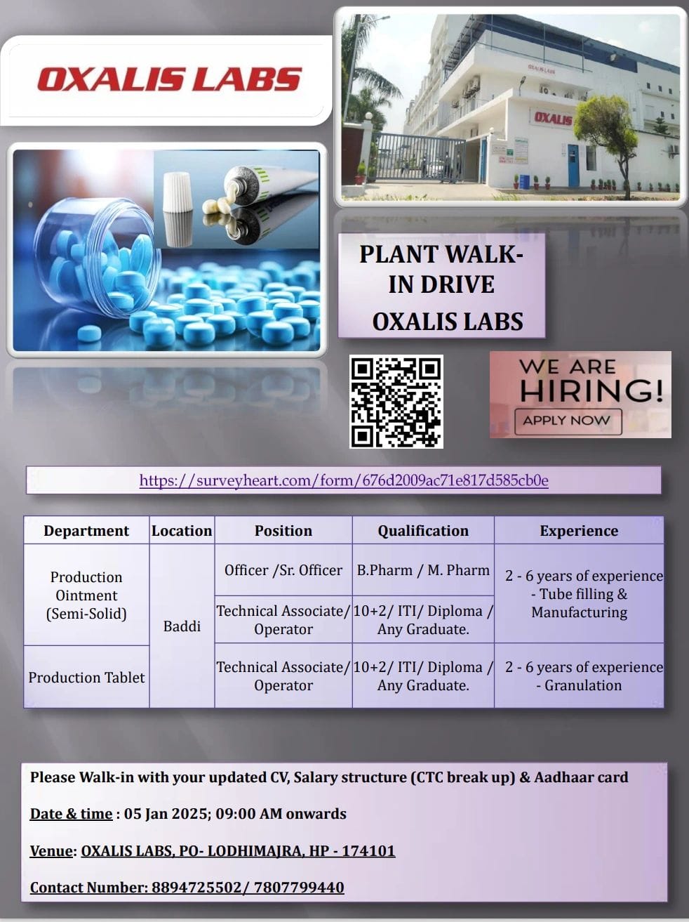 Oxalis Labs Walk In For Operator And Officer On 05th Jan 2025 - Pharma ...