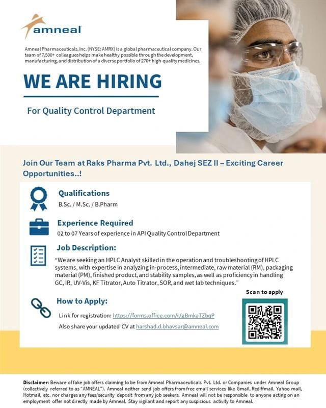 Raks Pharma Dahej Opening For Quality Control - Pharma Interview