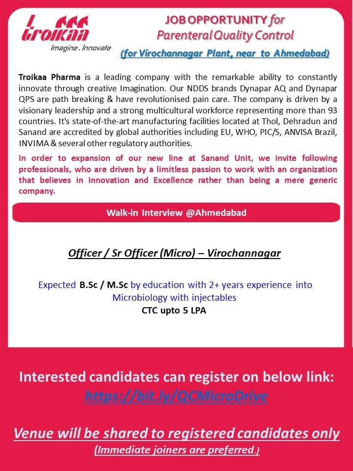Troikaa Pharma Walk In Interview For QC - Pharma Interview