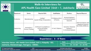 APL Healthcare Pharma Job For Jadcherla - Pharma Interview