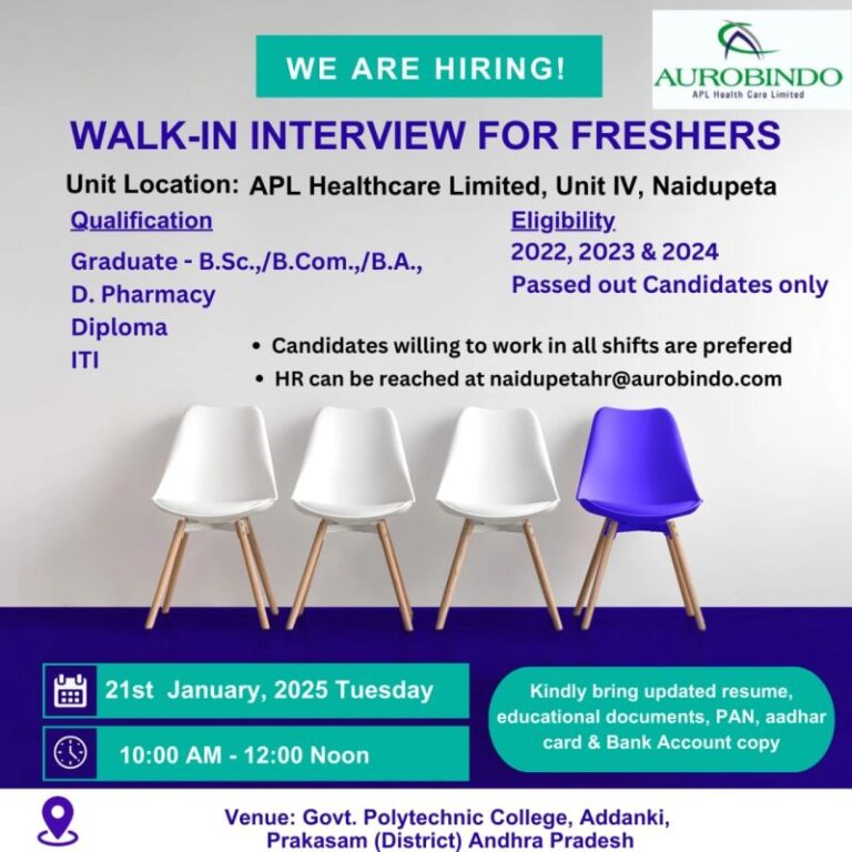 Freshers Jobs Opening - Aurobindo ( APL Healthcare ) - Pharma Interview