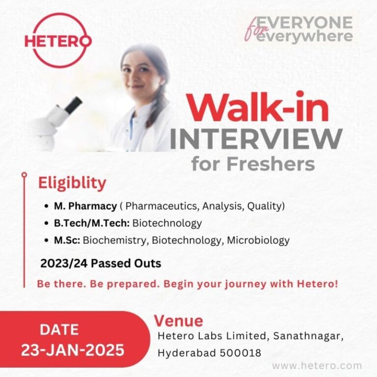 Hetero Pharma Opening For Freshers At Hyderabad - Pharma Interview